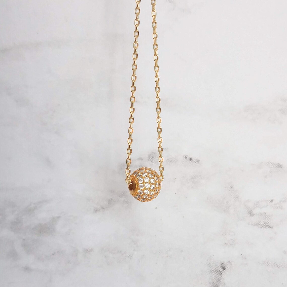 Gold Pave Ball Necklace Round Crystal Slider Thin Gold - Etsy