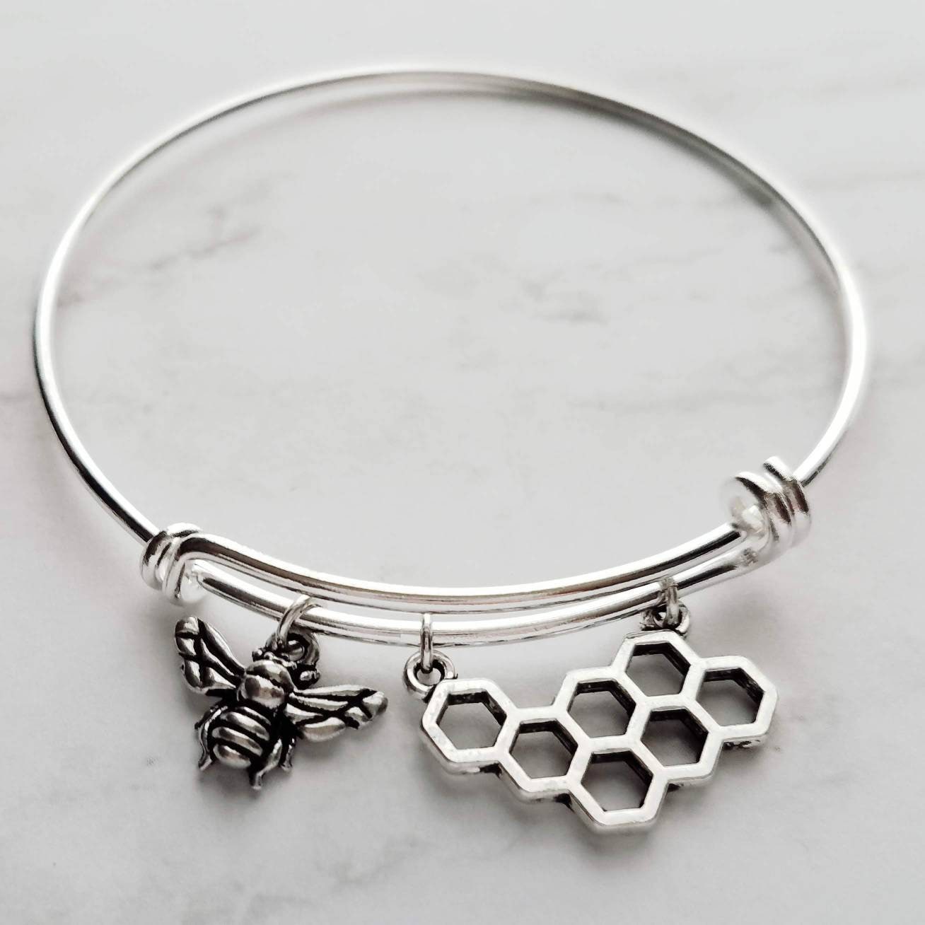 Bee & Honeycomb Silver Bangle Bracelet adjustable double | Etsy