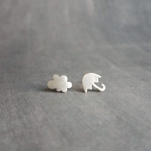 Rainy Day Earrings, Tiny Cloud Earring, Small Umbrella Stud, Mismatched ...