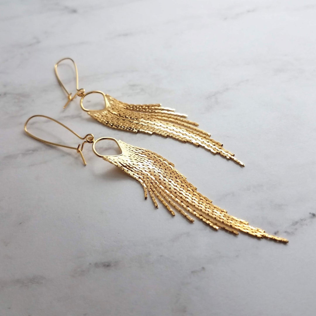 Gold Fringe Earrings Thin Chain Strand Earring, Chain Dangle, V Shape ...