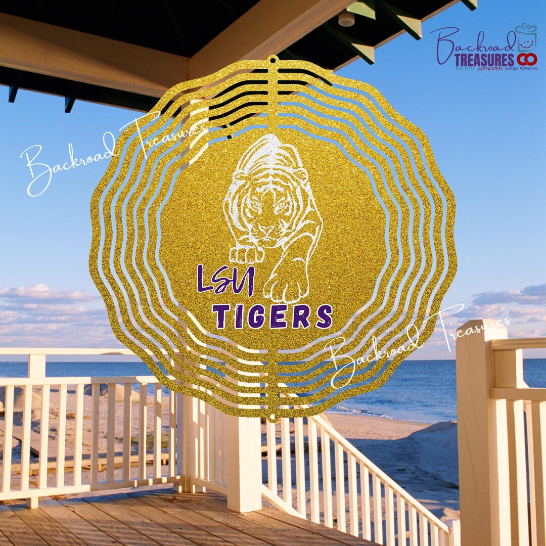 LSU Tiger Glitter Wind Spinner | White Glitter Tiger on Gold Glitter ...