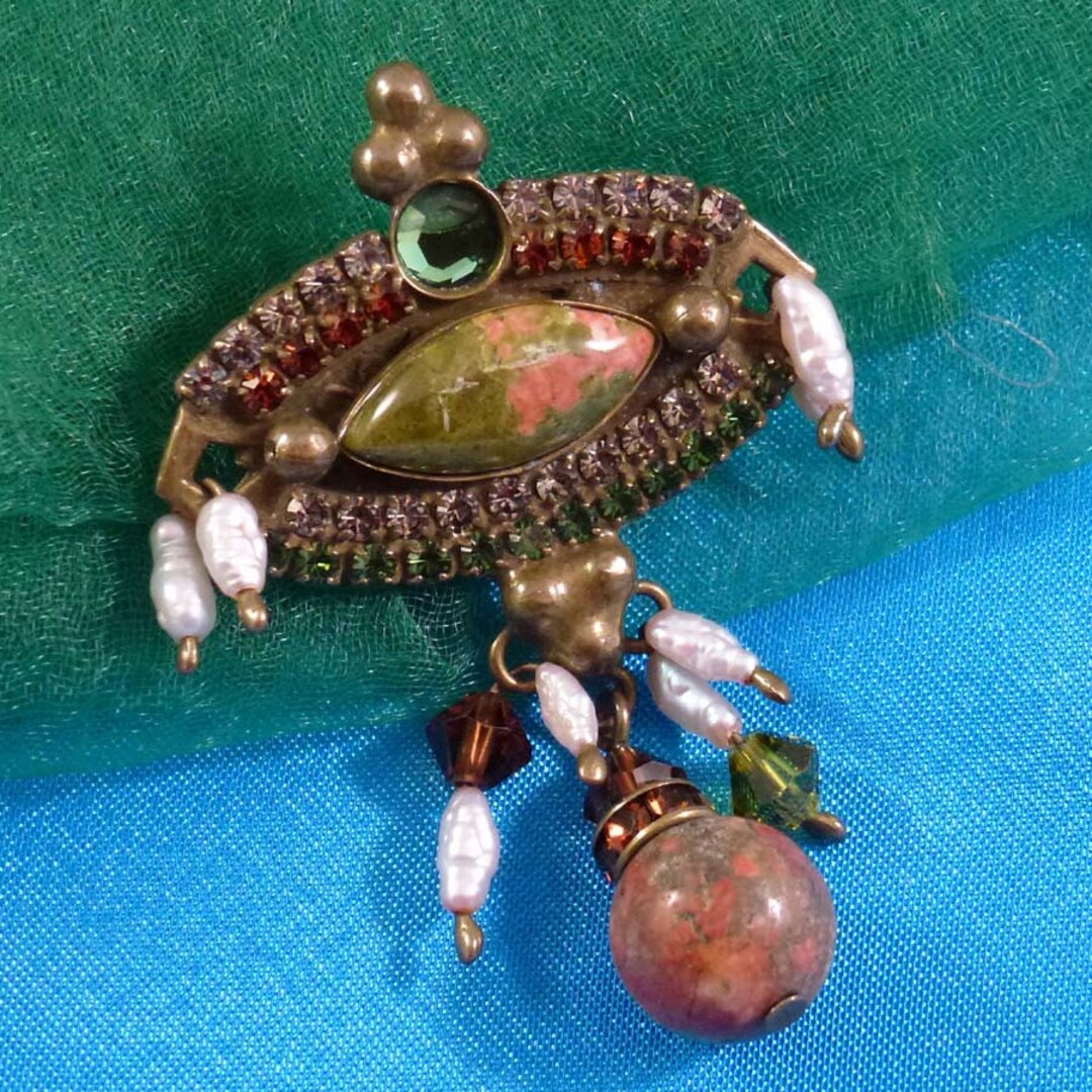 Vintage Sorrelli Dangle Brooch, Signed Pin With Rhinestones and Semi ...