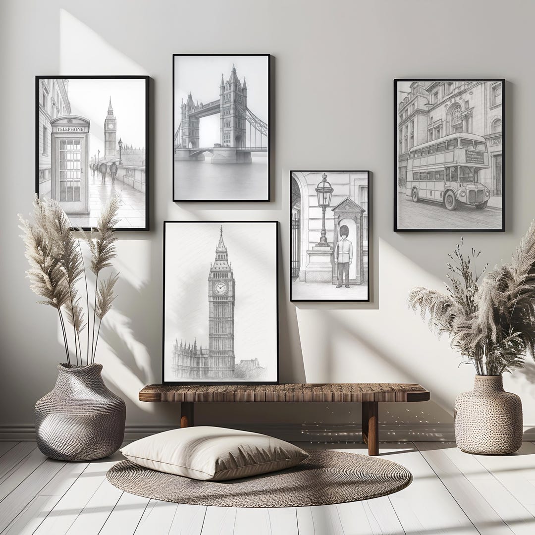 Set of 5 UK Architectural Sketch Posters | Black & White Pen and Ink ...