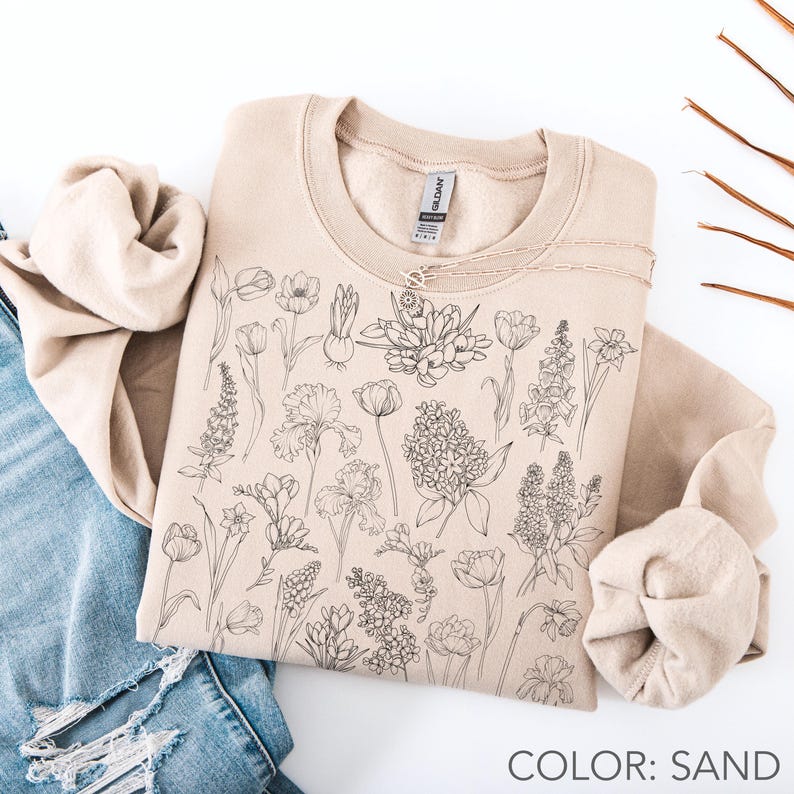 Spring Flowers Doodle Sweatshirt, Botanical Floral Linocut Crewneck ...