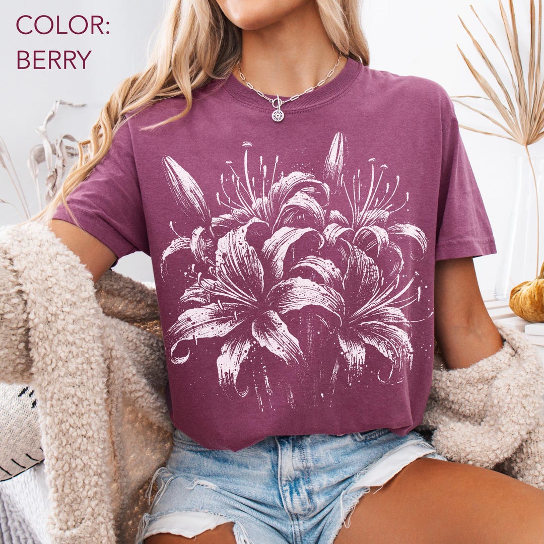 Lily Bloom Shirt Comfort Colors®, Linocut Spider Lilies Flower Shirt ...