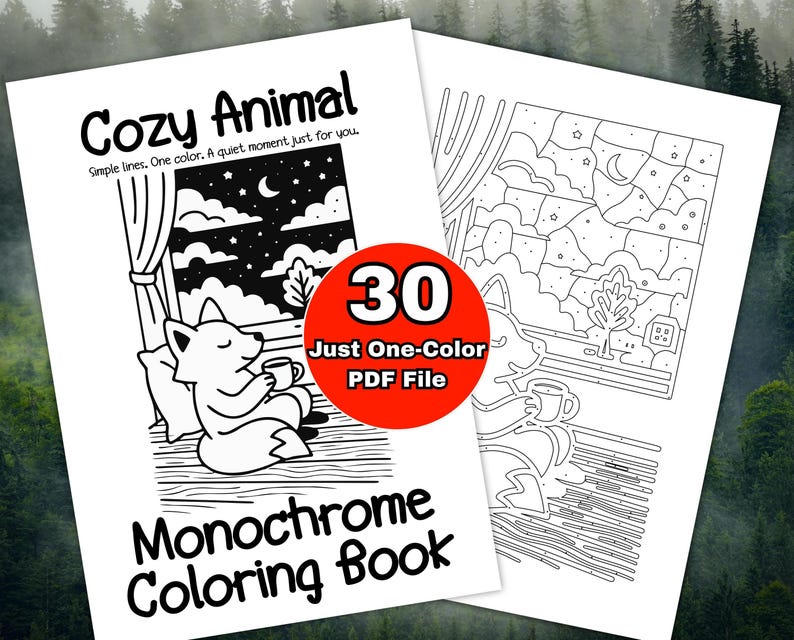 Monochrome Coloring Book PDF- 30 Cozy Animal Relaxing Printable Pages ...