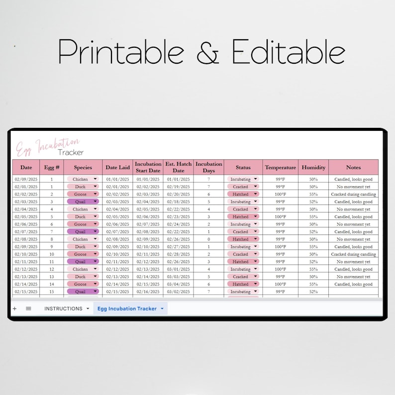 Egg Hatching Tracker, Egg Incubation Google Sheets, Homestead Template ...