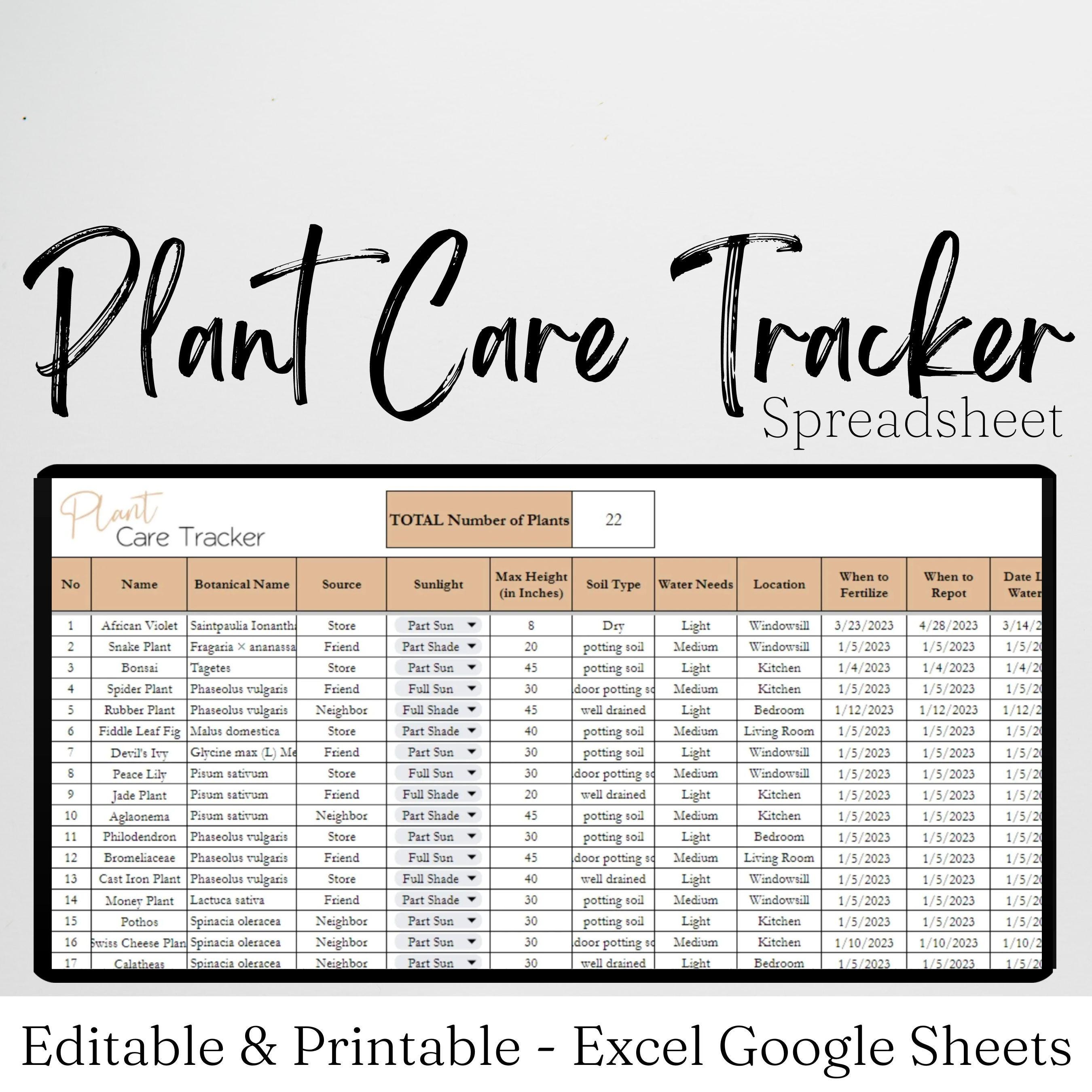 Plant Care Tracker Excel Spreadsheet, Houseplants Care, House Plant ...