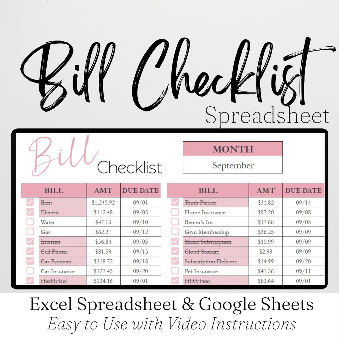 Bill Checklist Template Google Sheets, Bill Payment Tracker, Bill Pay ...