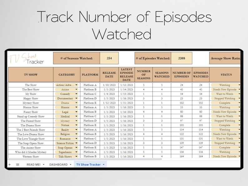 TV Show Tracker Excel Spreadsheet TV Shows Tracking Google - Etsy