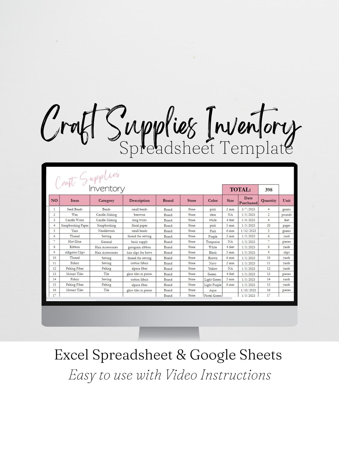 Craft Supplies Inventory Tracker Excel Spreadsheet Crafts Organization, Craft Supplies Stash ...