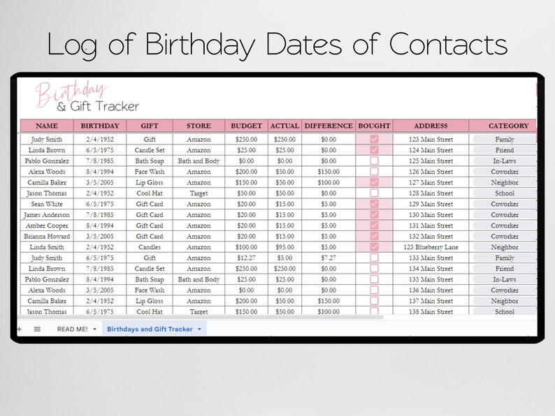 Birthday Tracker Template Excel Spreadsheet Birthday Gift - Etsy