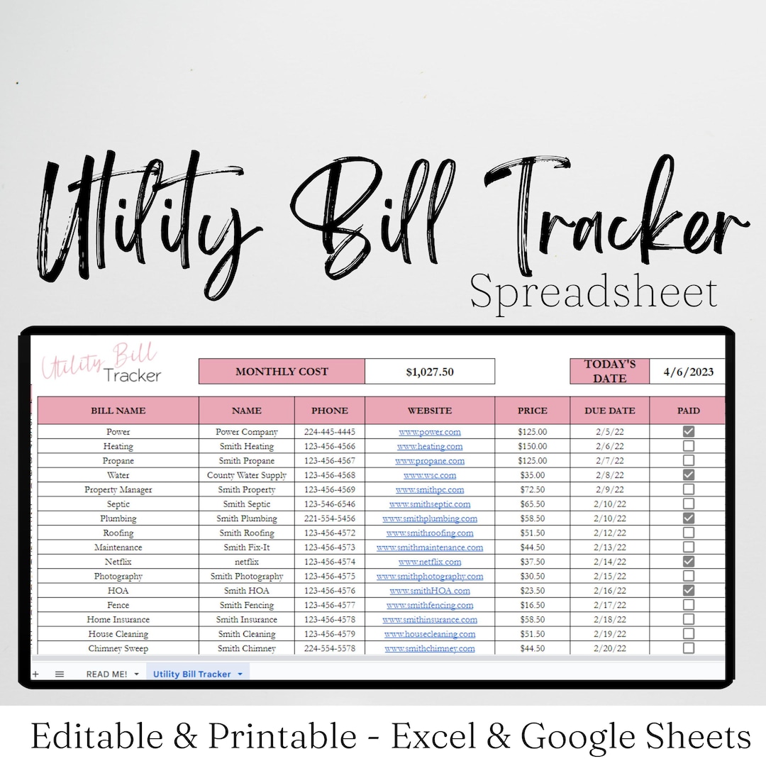 Utility Bill Tracker Excel Spreadsheet, Utilities Tracker Google Sheets ...
