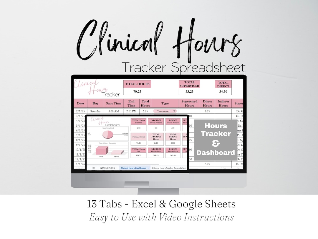 Clinical Hours Tracker Spreadsheet, Residency Hours Sheet, Supervision ...