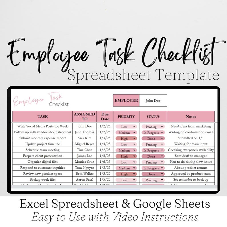 Employee Task Checklist, Excel to Do List Template, Daily Task Manager ...