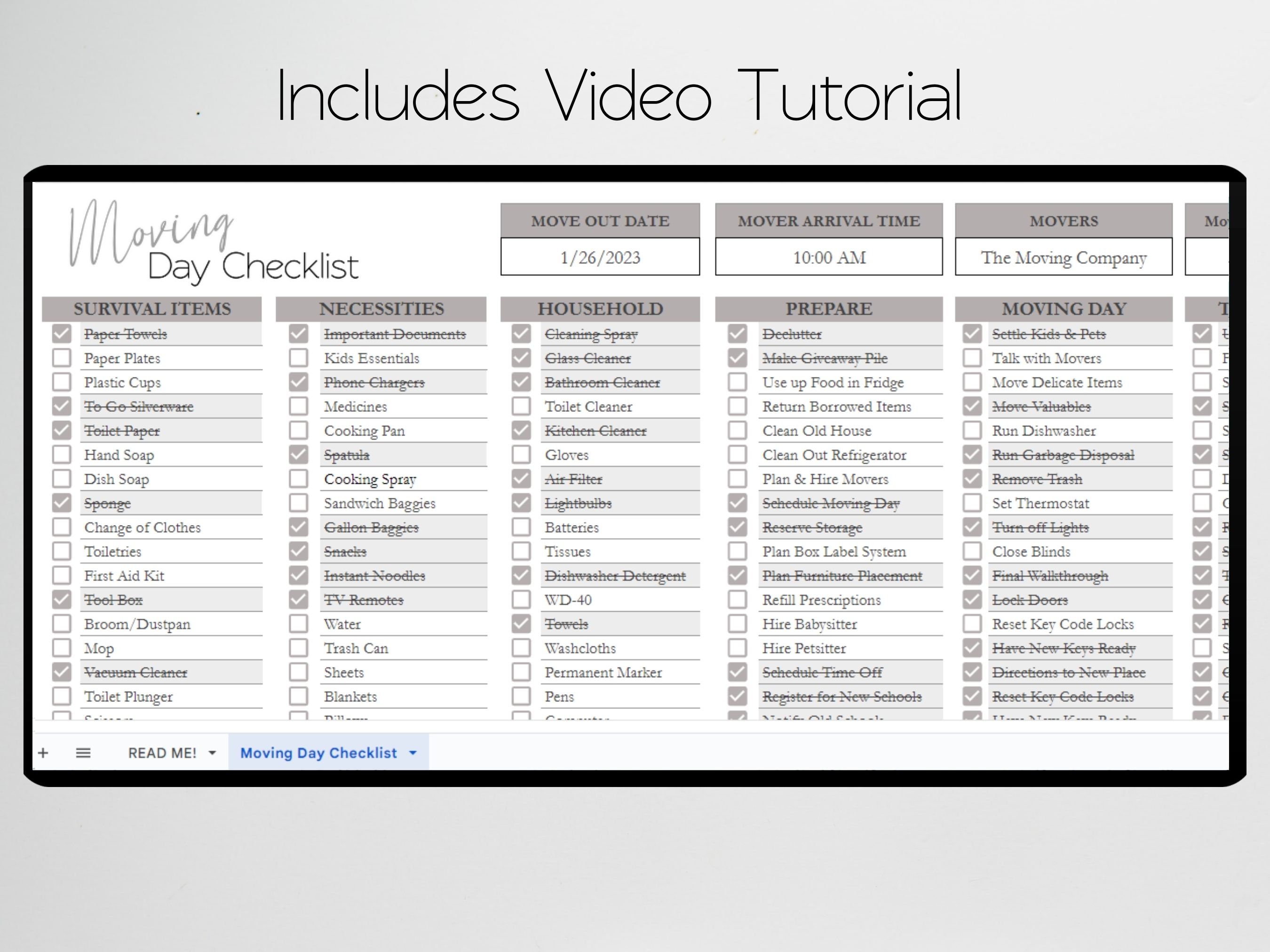Moving Day Survival Checklist Google Sheets, Moving Day Planner, Moving ...