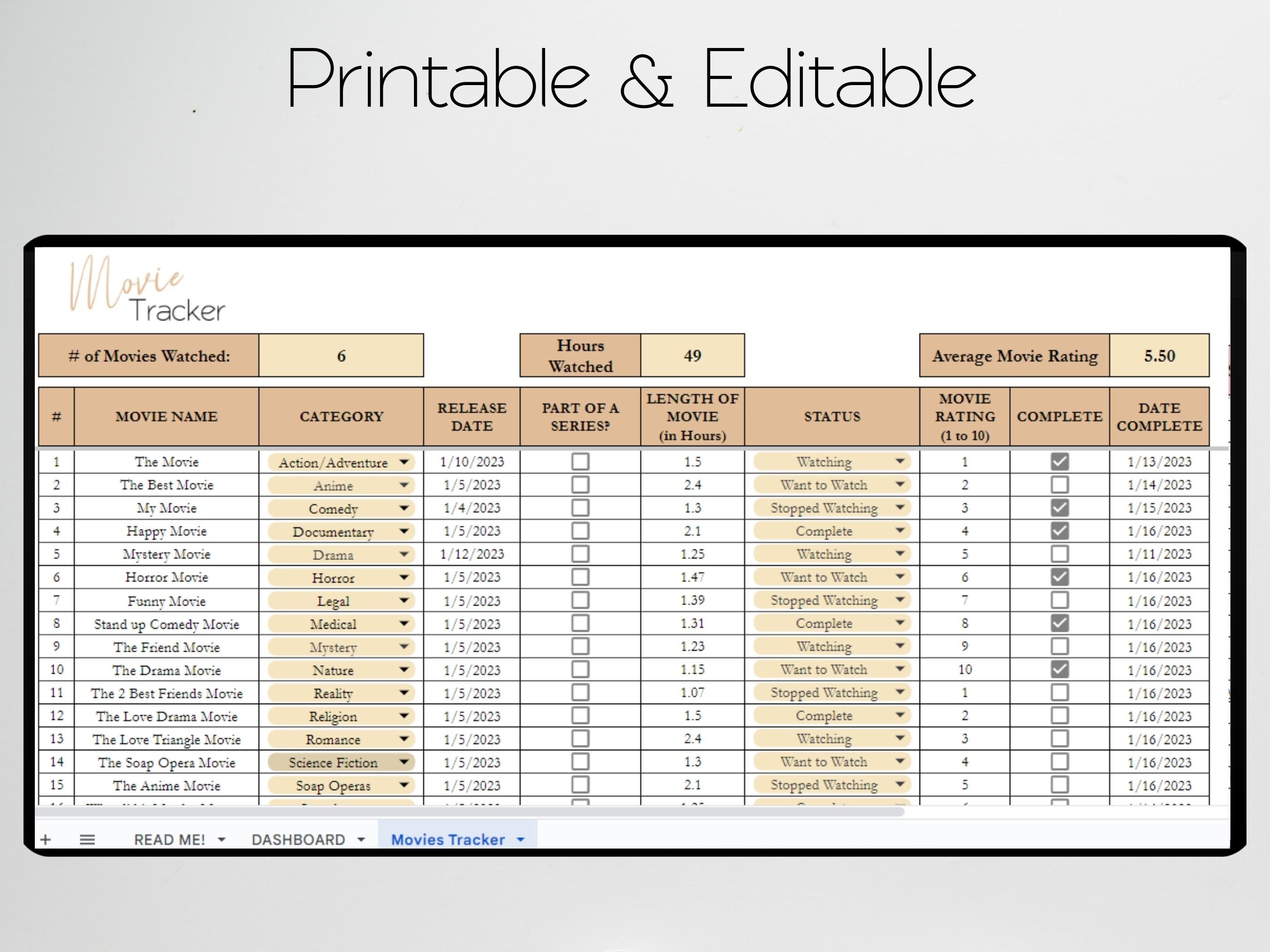 Movie Tracker Excel Spreadsheet Movies Tracking Google - Etsy