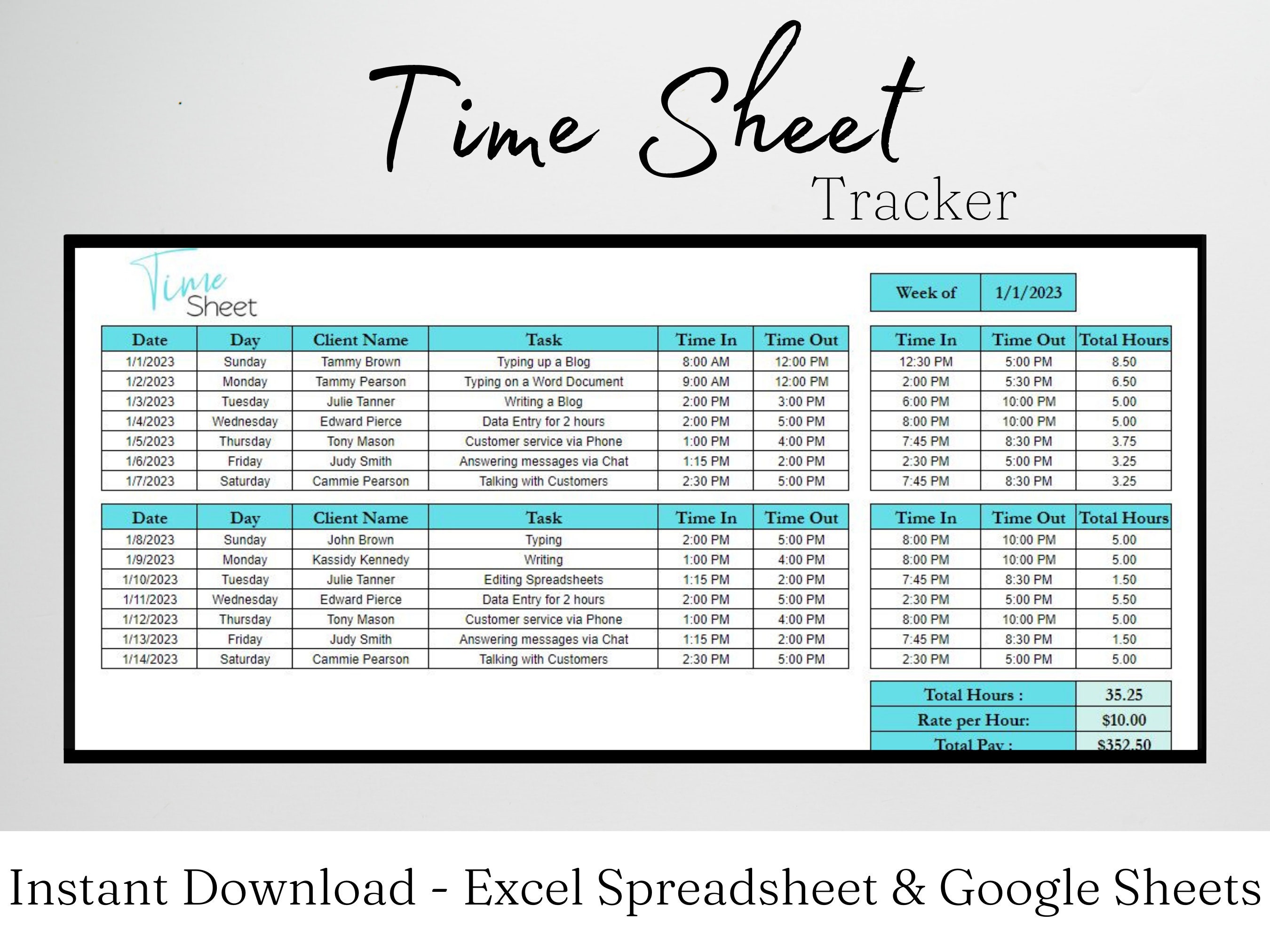 Time Sheet Google Sheets, Weekly Time Sheet Template, Timesheet Log ...