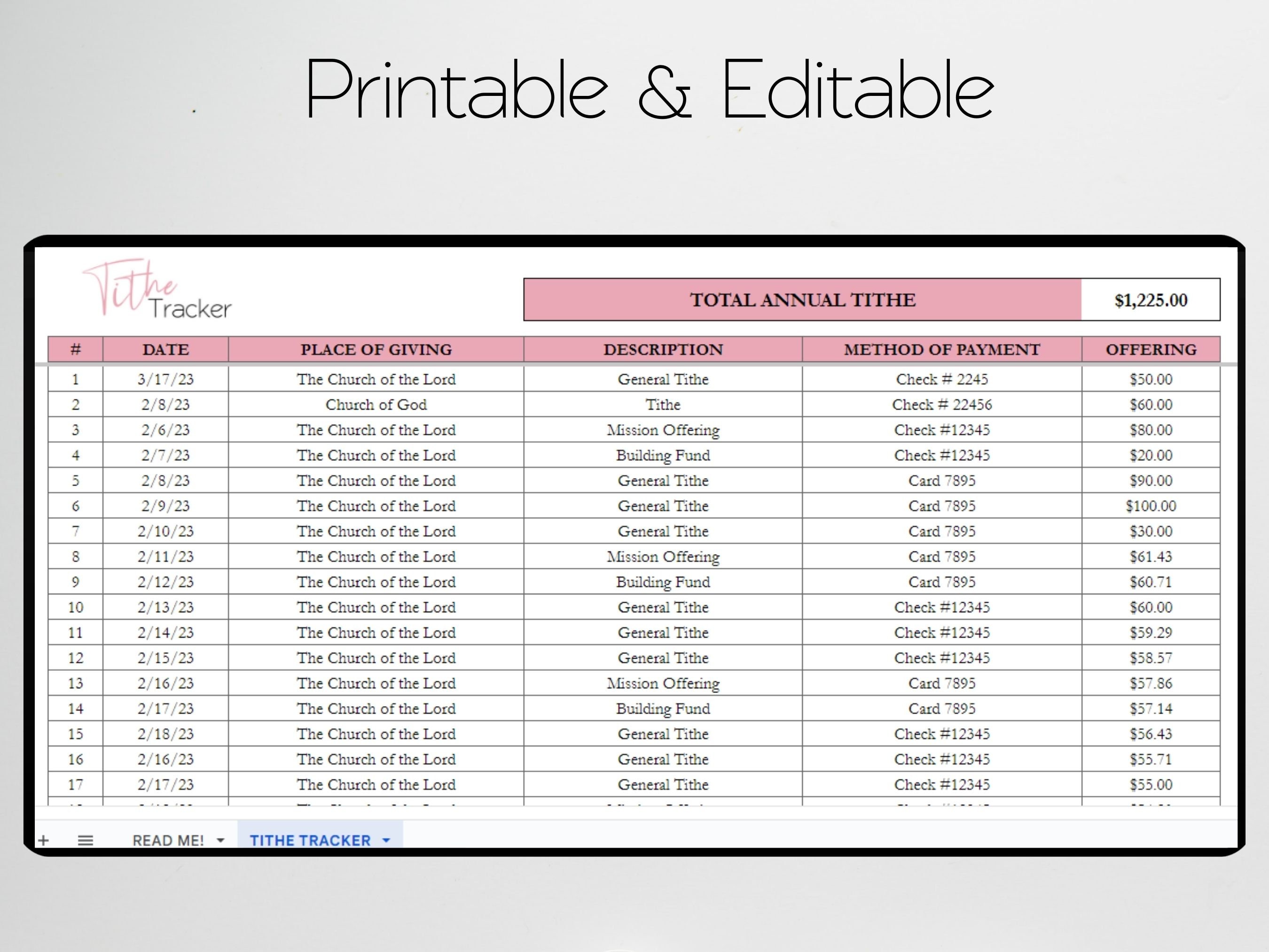 Tithe Tracker Excel Spreadsheet, Tithes and Offerings Tracking, Church ...