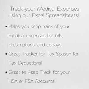Medical Expense Tracker, Tax Deductions Tracking Sheet, HSA Tracker FSA, Medical Spreadsheet ...