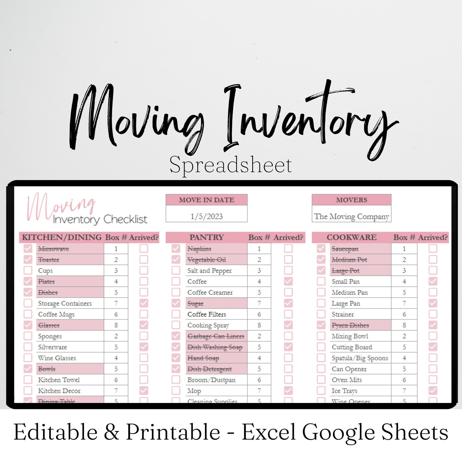 Moving Inventory Template Google Sheets, Moving Planner, Moving List ...
