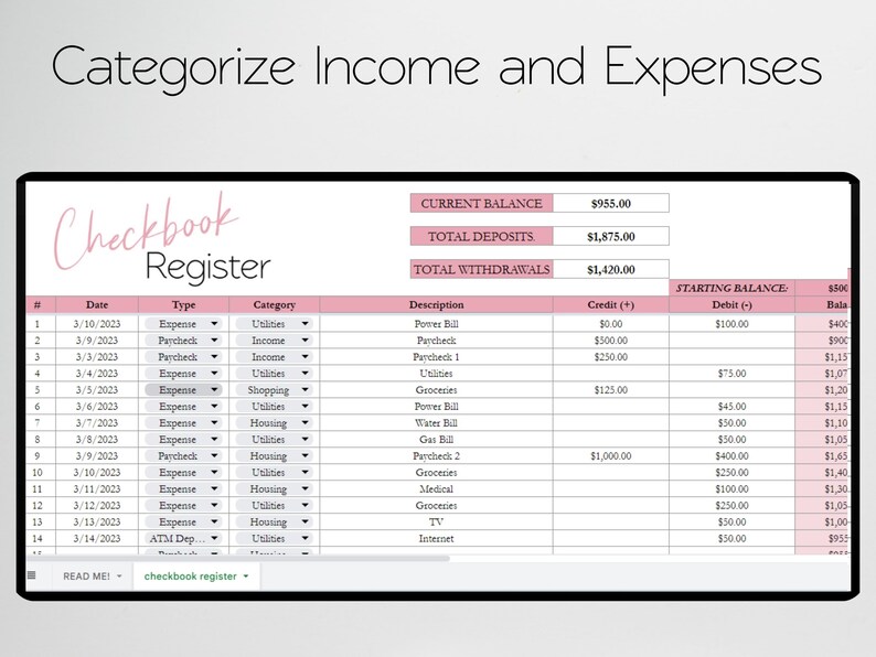Checkbook Register Excel Spreadsheet Check Book Register - Etsy