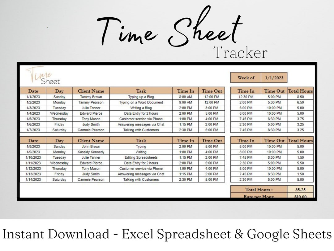 Weekly Time Sheet, Employee Time Tracker, Clock in and Out Timesheet ...