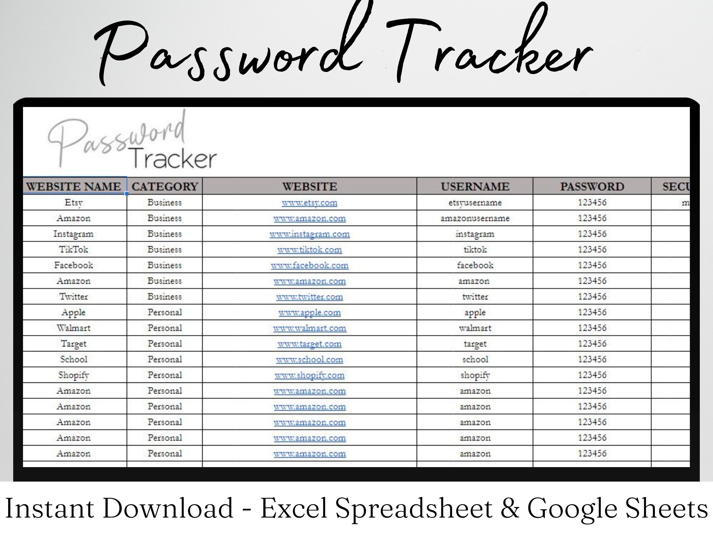Password Tracker Excel Spreadsheet Password Tracker Google - Etsy