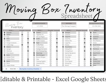 Moving Box Contents List Excel Spreadsheet, Moving Planning, Storage Template, Moving Box ...