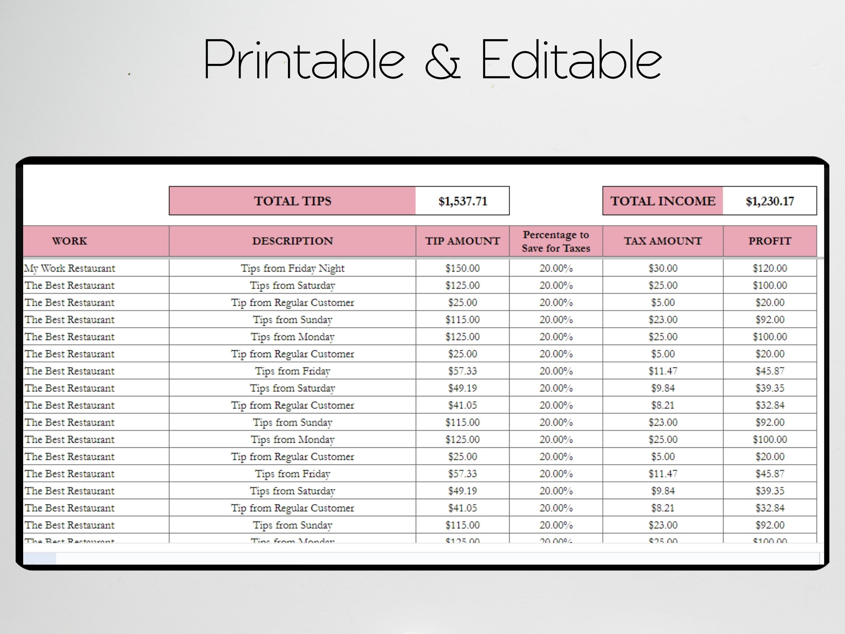 Hoja de cálculo de Excel para el seguimiento de propinas, seguimiento de propinas, seguimiento ...
