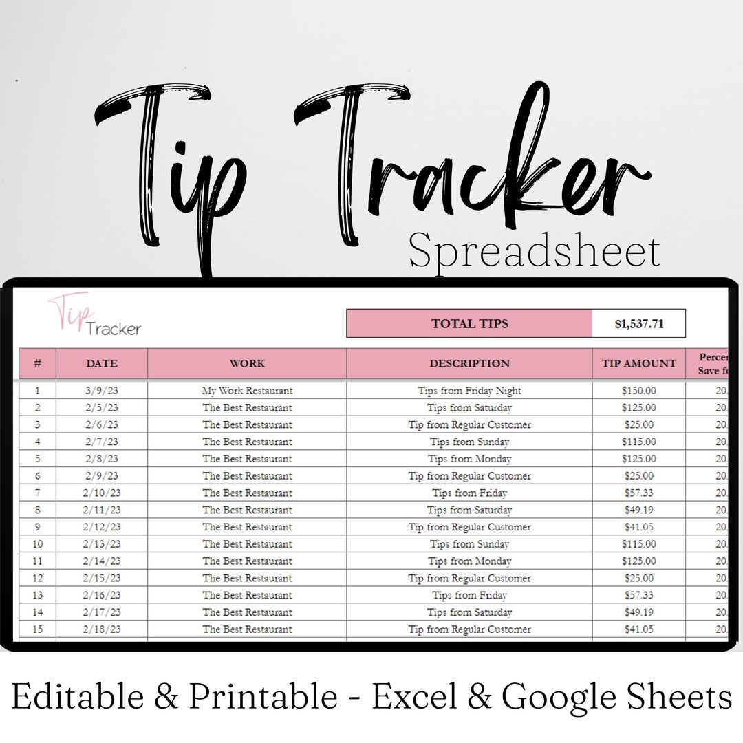 Tip Tracker Excel Spreadsheet, Tips Tracker, Tip Shift Tracker, Server Tip Tracker, Tip Log ...