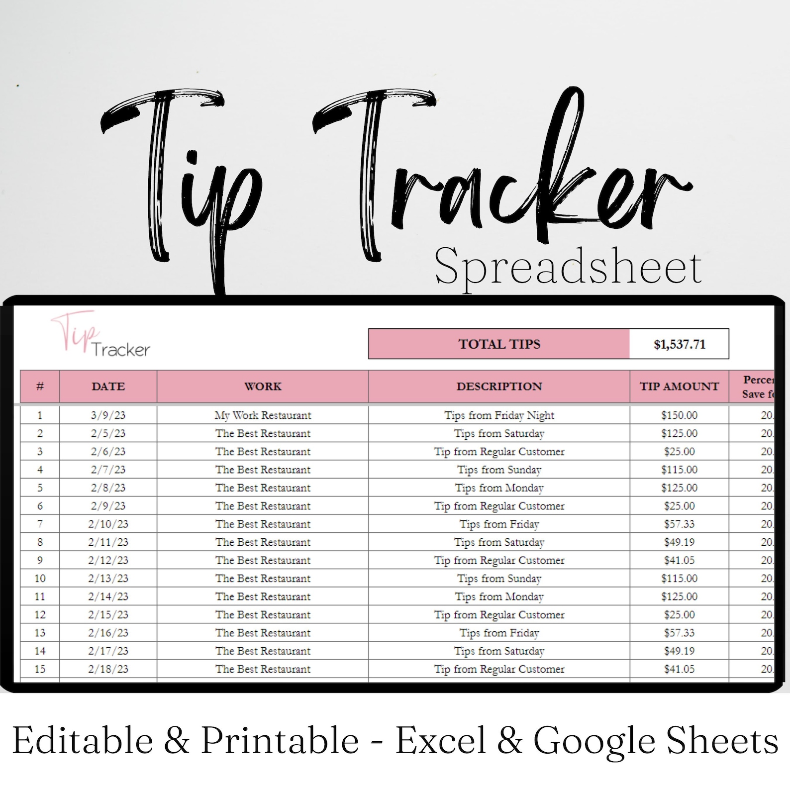 Tip Tracker Excel Spreadsheet, Tips Tracker, Tip Shift Tracker, Server ... Tip Tracker Excel Spreadsheet, Tips Tracker, Tip Shift Tracker, Server ...