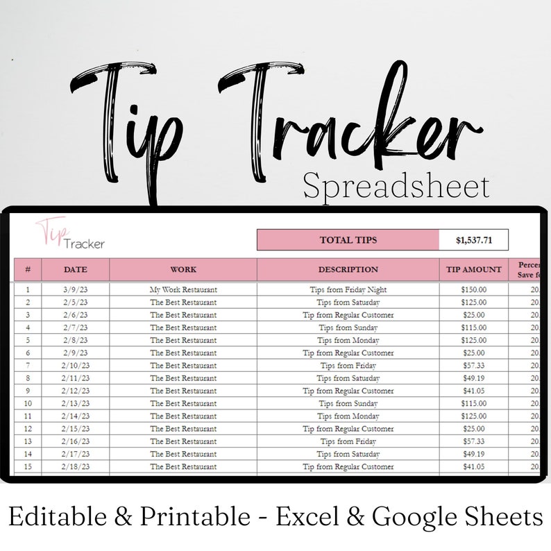 Tip Tracker Excel Spreadsheet, Tips Tracker, Tip Shift Tracker, Server ...