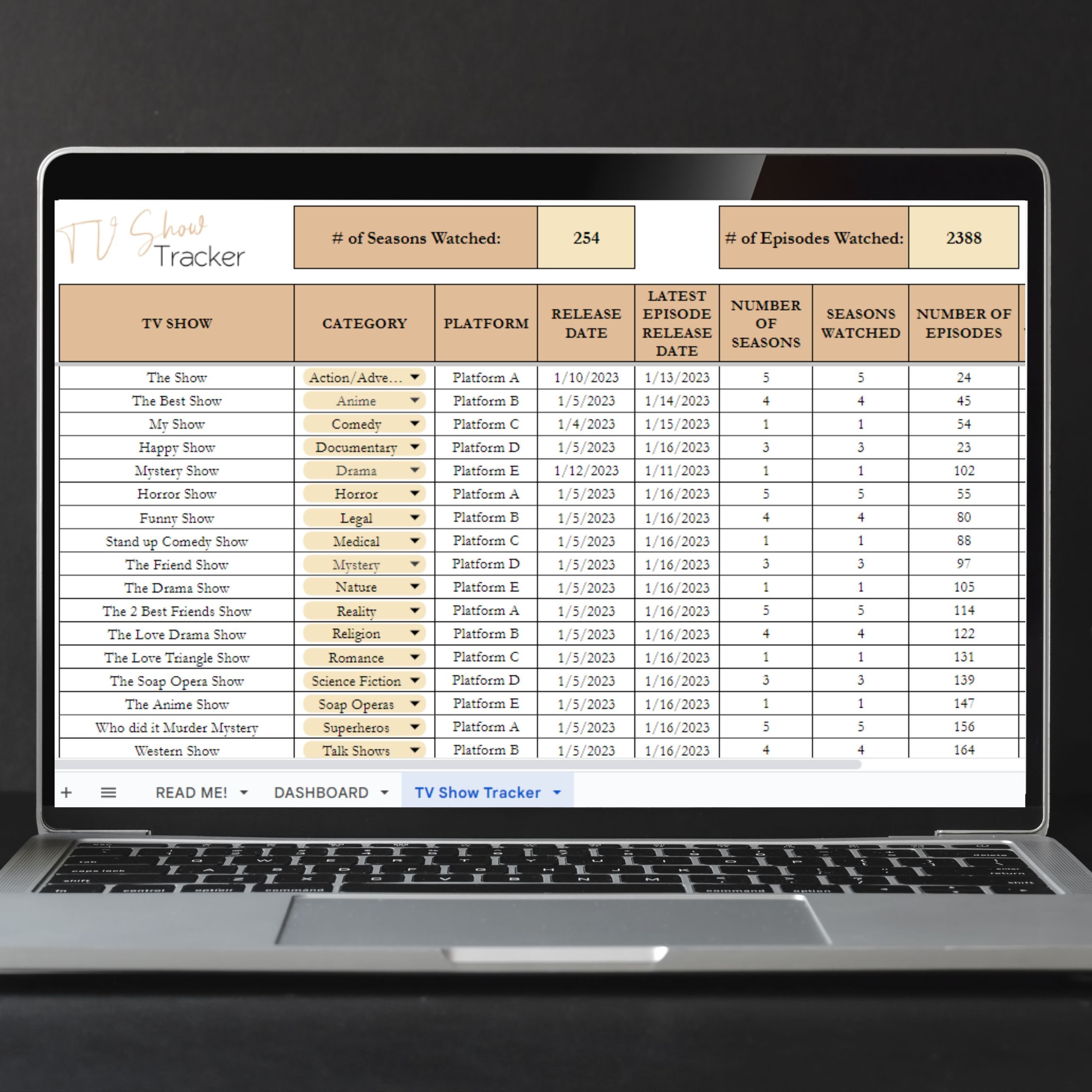 TV Show Tracker Excel Spreadsheet, TV Shows Tracking Google Sheets ...