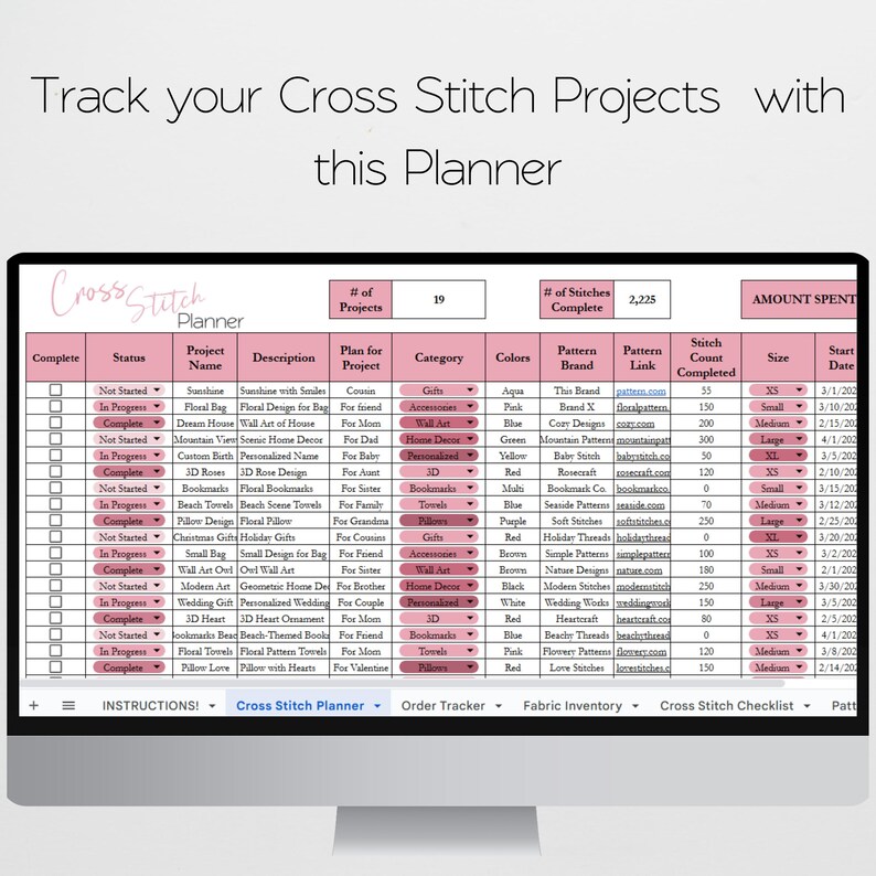 Cross Stitch Planner Google Sheet, Craft Project Tracker, Cross ...