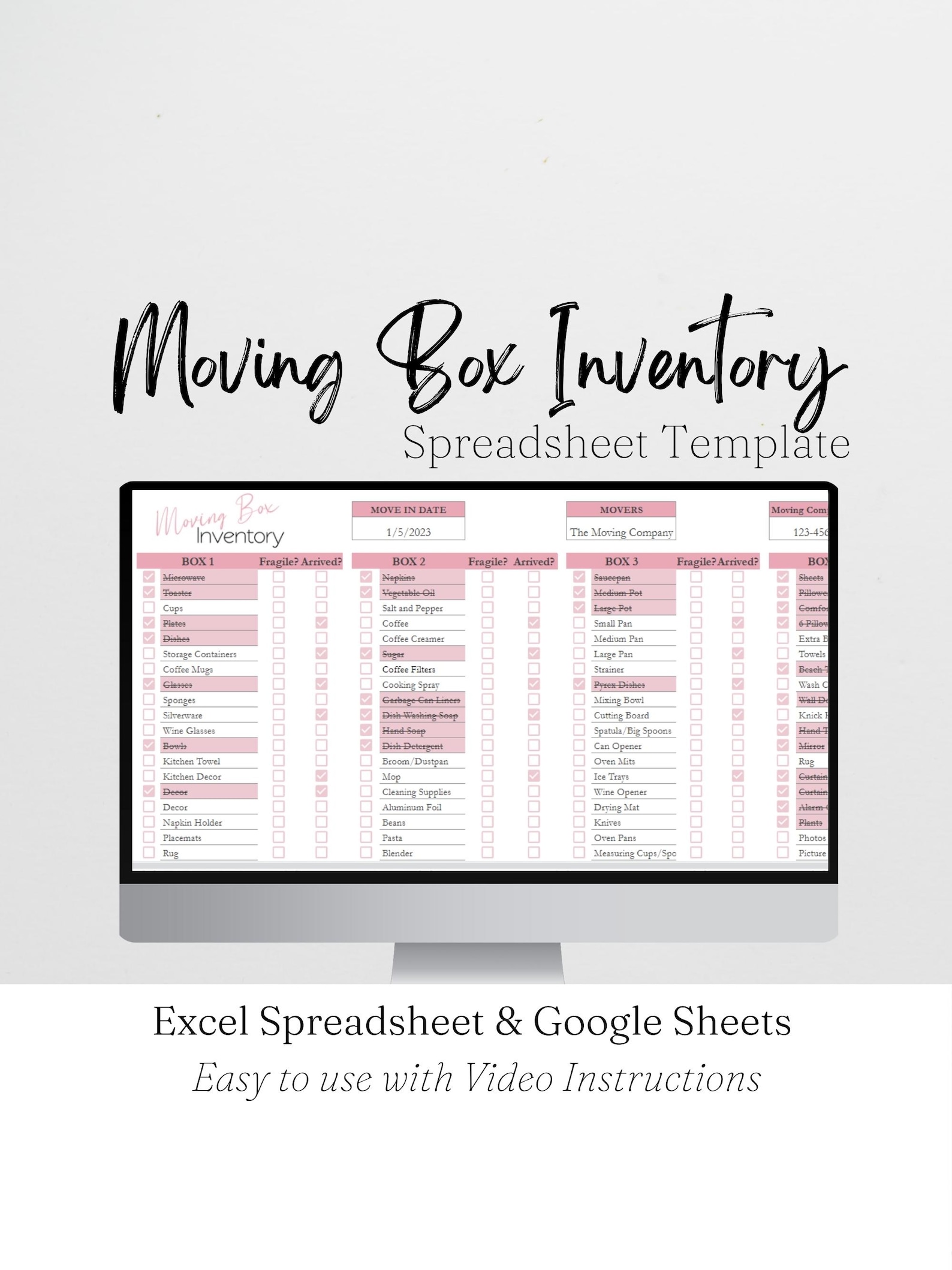 Moving Box Inventory Excel Spreadsheet, Organized Moving, Home ...
