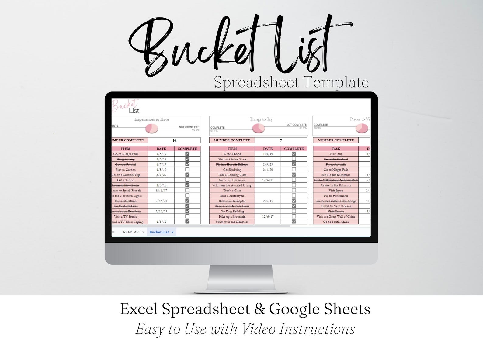 Bucket List Template Excel Spreadsheet, Bucket List Journal, Bucket ...