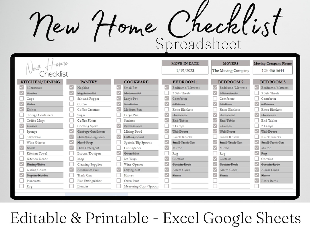 New House Checklist Template Excel Spreadsheet Home Planner - Etsy