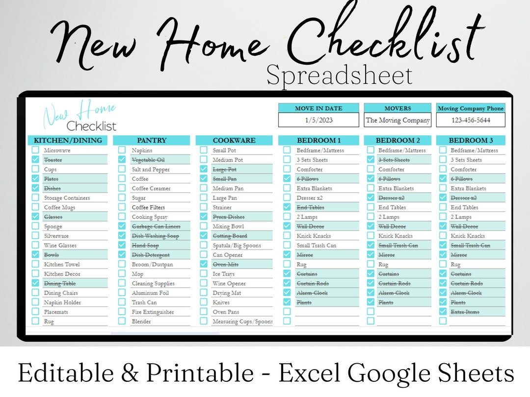 New Home Planner Template, New Apartment Essentials Checklist Excel ...