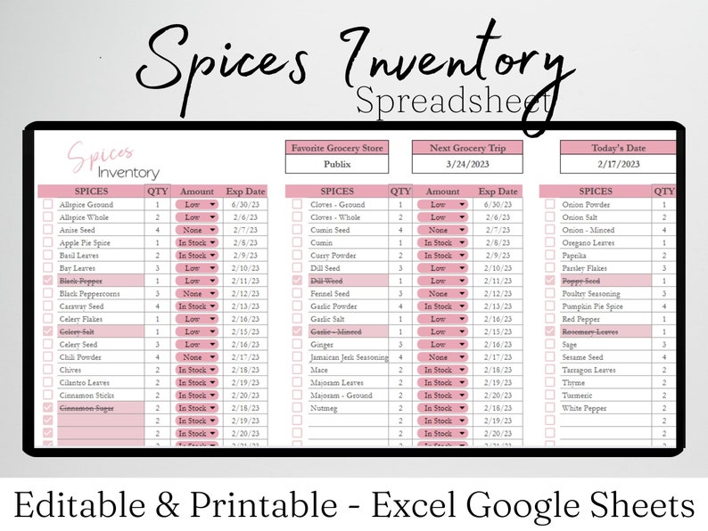 Spices Inventory List, Pantry Inventory Spreadsheet, Spice Inventory ...