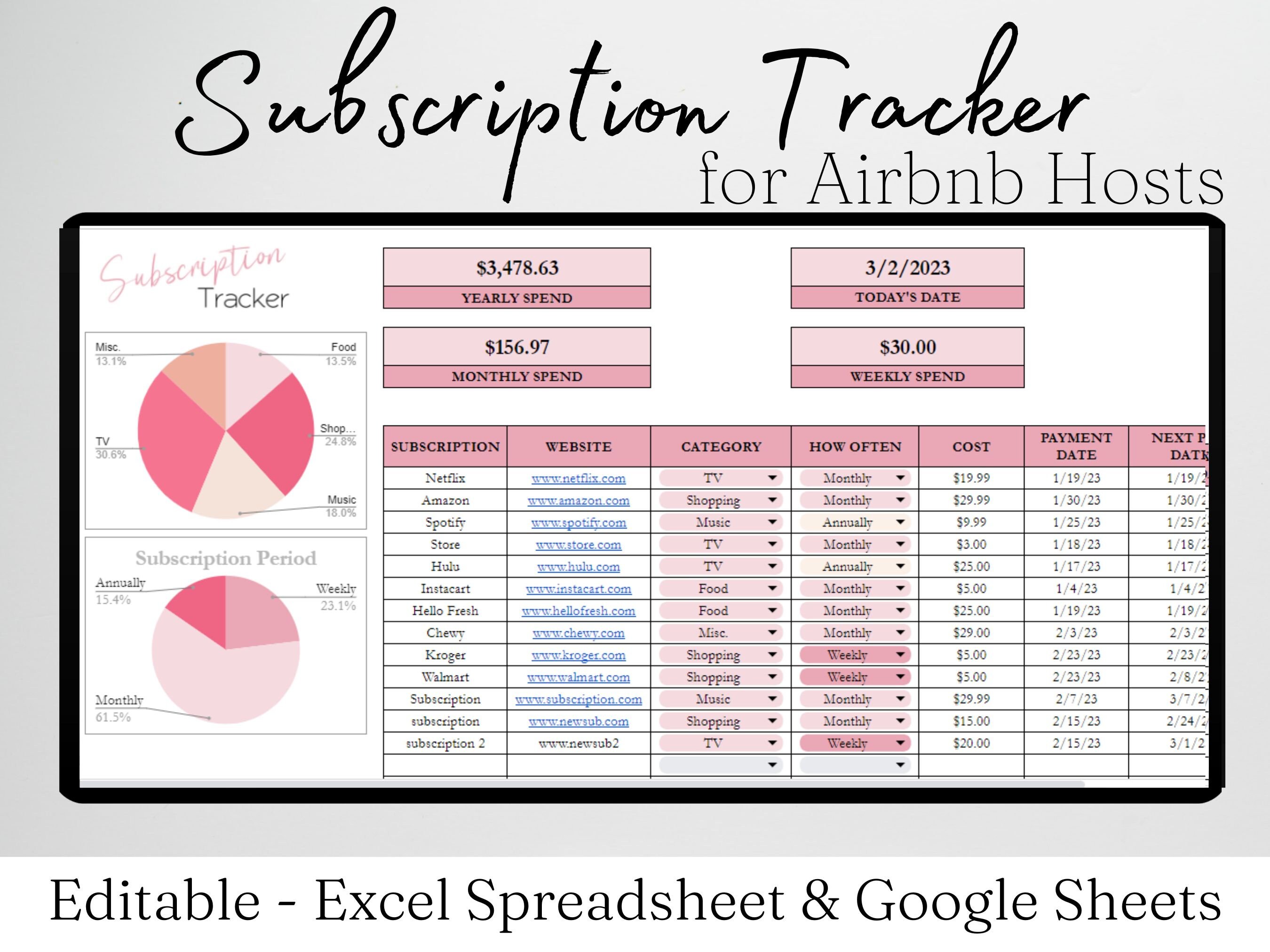 Subscription Tracker Google Sheets for Rental Property, Excel ...