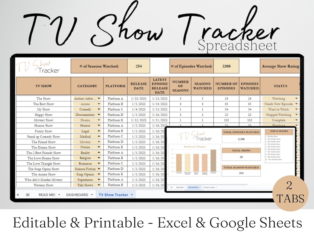 TV Show Tracker Excel Spreadsheet, TV Shows Tracking Google Sheets ...