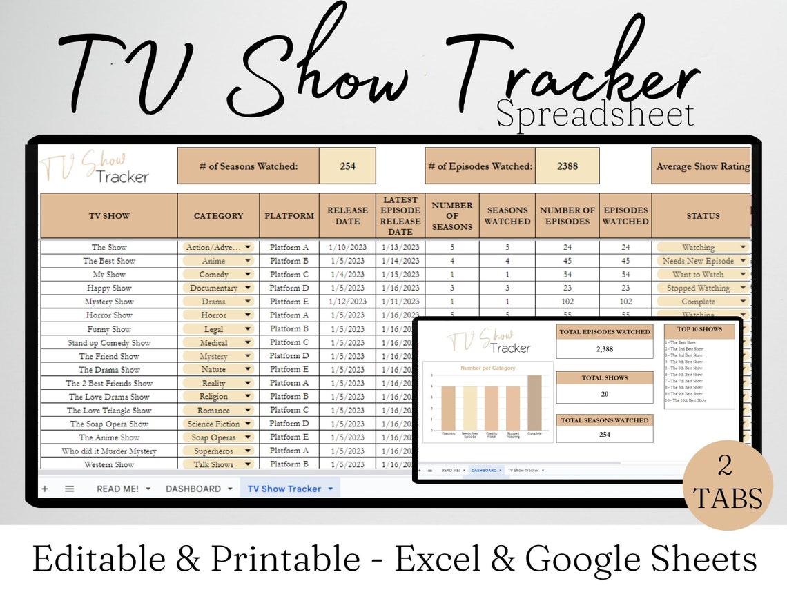 TV Show Tracker Excel Spreadsheet TV Shows Tracking Google - Etsy