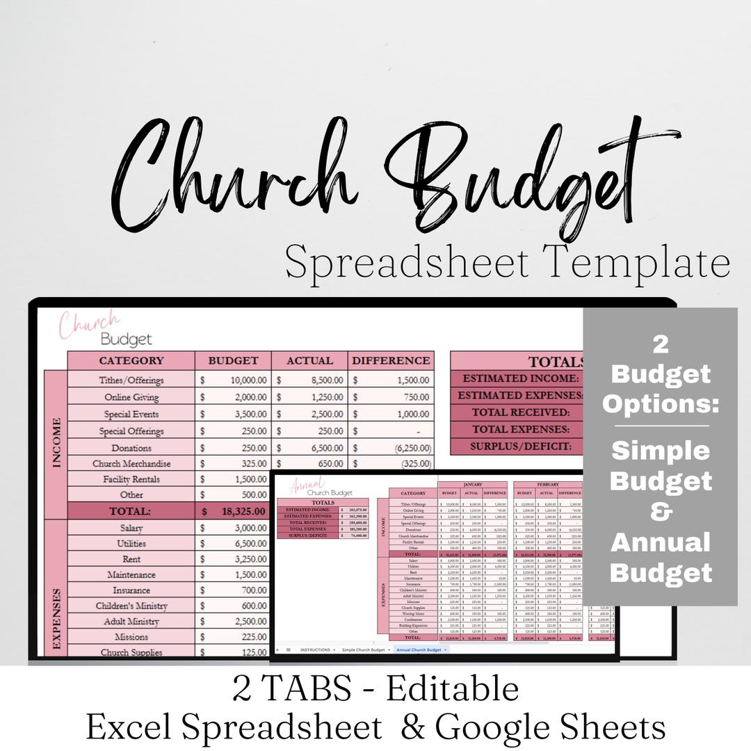 Church Budget Spreadsheet, Church Bookkeeping, Church Monthly Budget ...