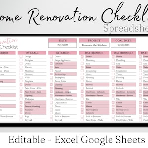 Home Renovation Checklist, Home Renovation Spreadsheet, Remodel ...