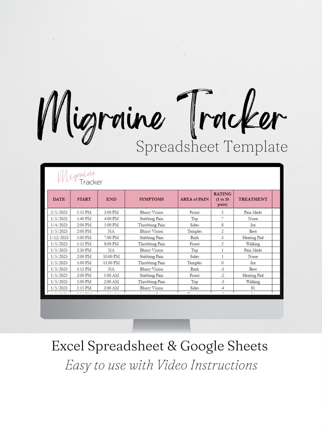 Migraine Tracker Excel Spreadsheet, Chronic Migraine Log Template ...