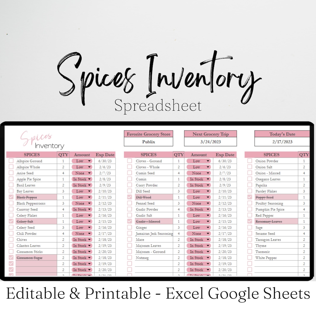 Spices Inventory List, Pantry Inventory Spreadsheet, Spice Inventory ...