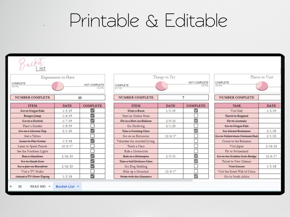 Bucket List Template Excel Spreadsheet Bucket List Journal - Etsy