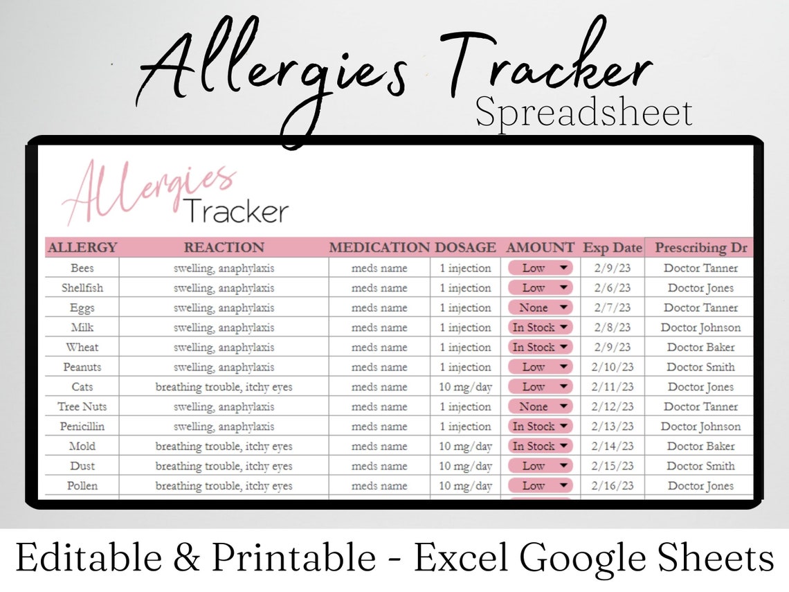 Allergy Tracker Template Excel Spreadsheet Allergy List - Etsy