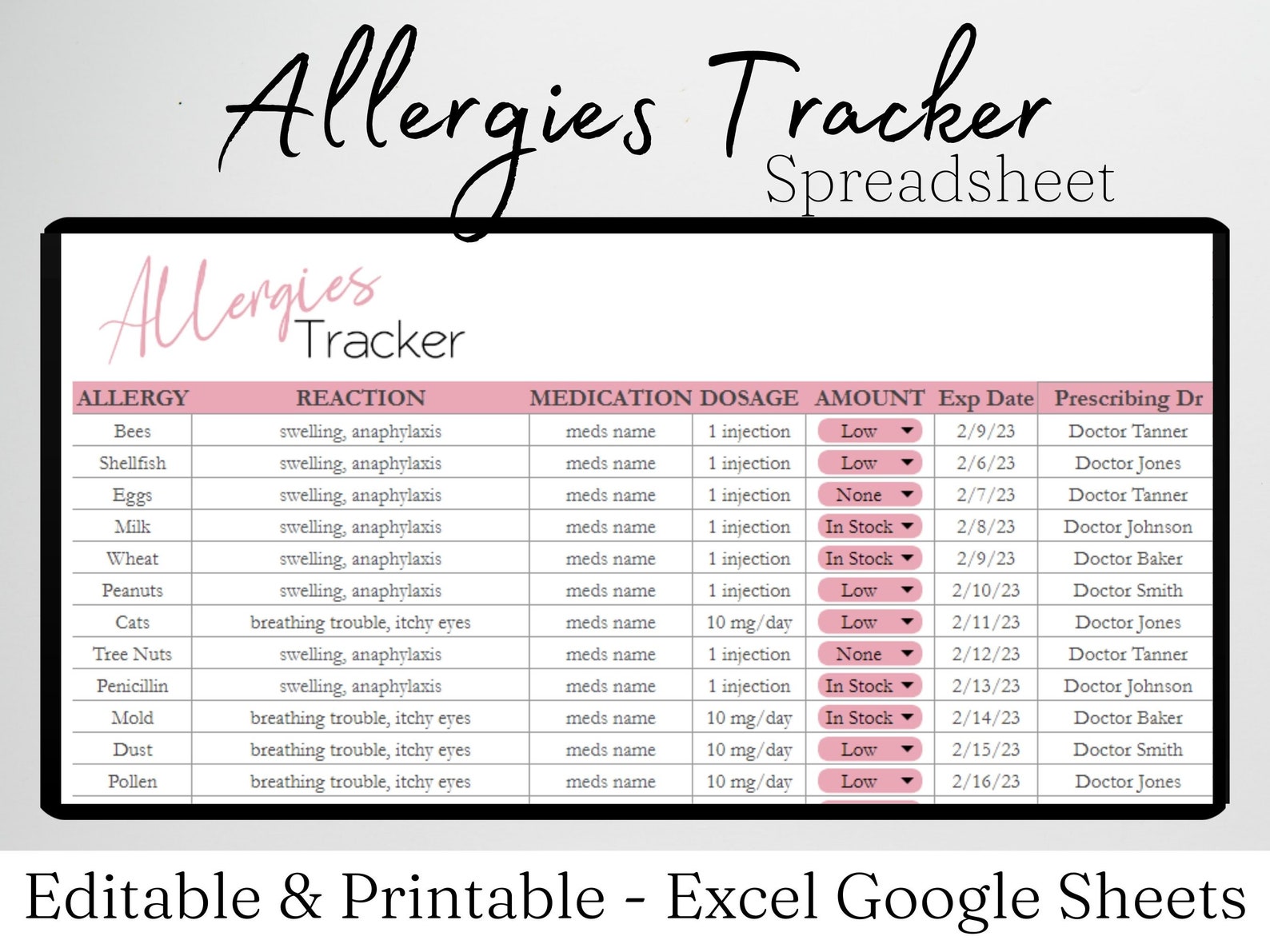 Allergy Tracker Template Excel Spreadsheet, Allergy List Google Sheets ...